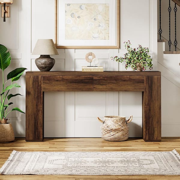 BYBLIGHT Turrella 63 in. Rustic Brown Console Tables, Rectangle Wood ...
