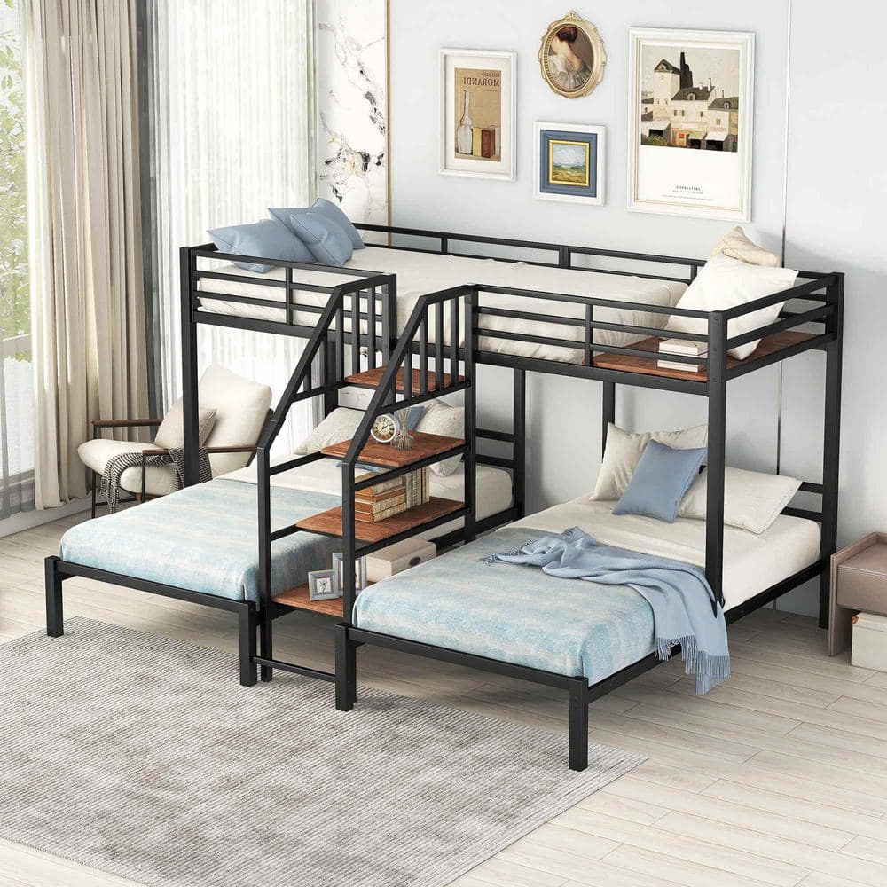 Polibi Black Metal Twin over Twin and Twin Bunk Bed, Triple Bunk Bed ...
