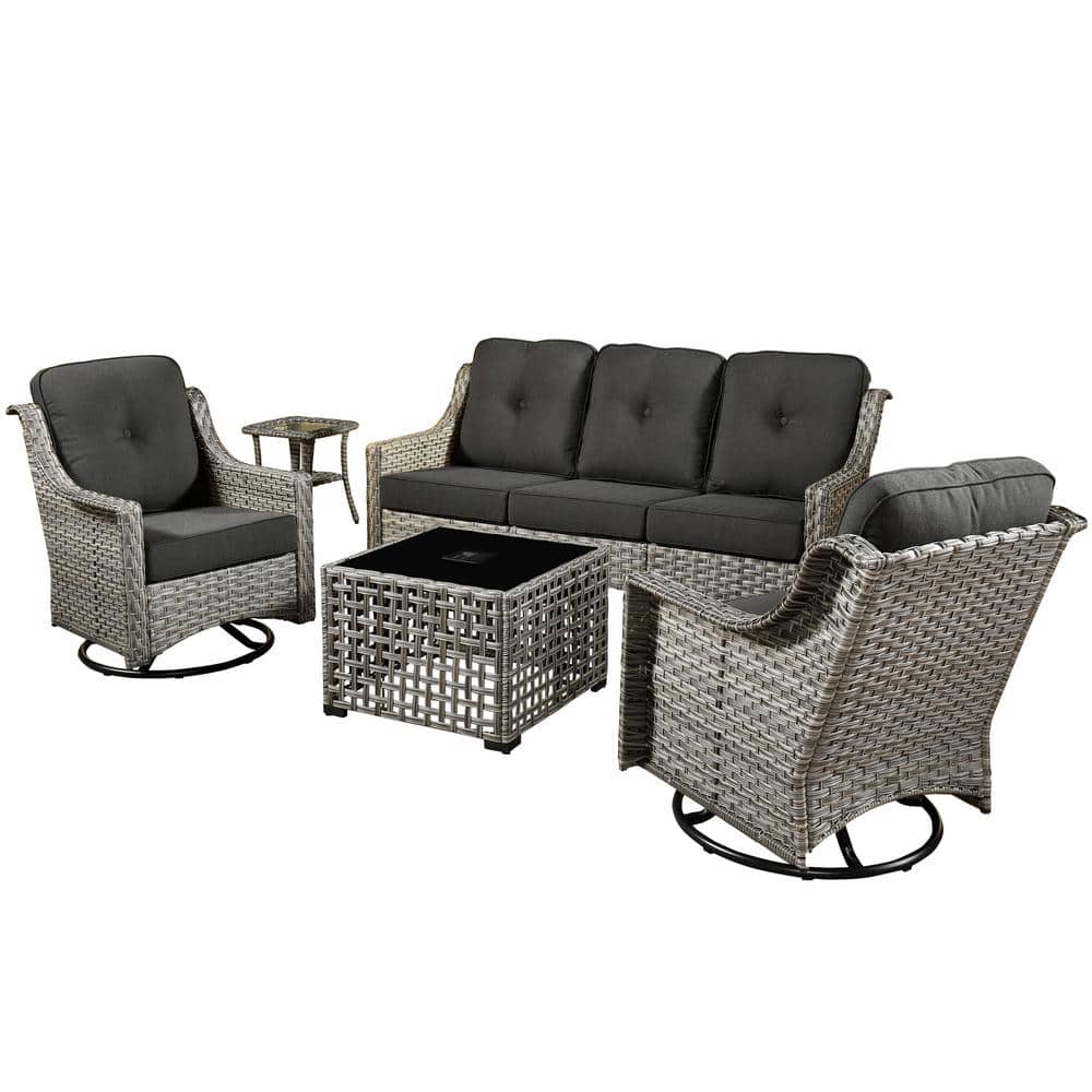 OVIOS Palffy Gray 5-Piece Wicker Patio Conversation Seating Set with ...