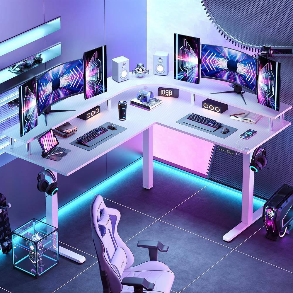 Bestier 63 in. L-Shaped White Carbon Fiber Wood Sit to Stand Desk with ...