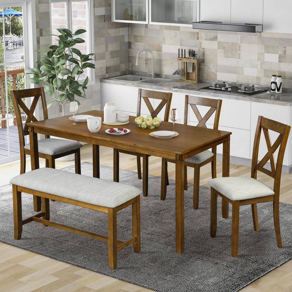 GOSALMON 6-Piece Wood Top Brown Dining Table Set, 4 Dining Chair and ...