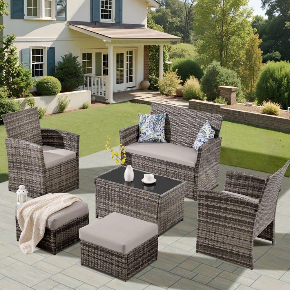 MIRAFIT Gray Wicker 6-Piece Outdoor Sectional Set with Gray Cushions HDOS-JD007GYGY-1 - The Home ...