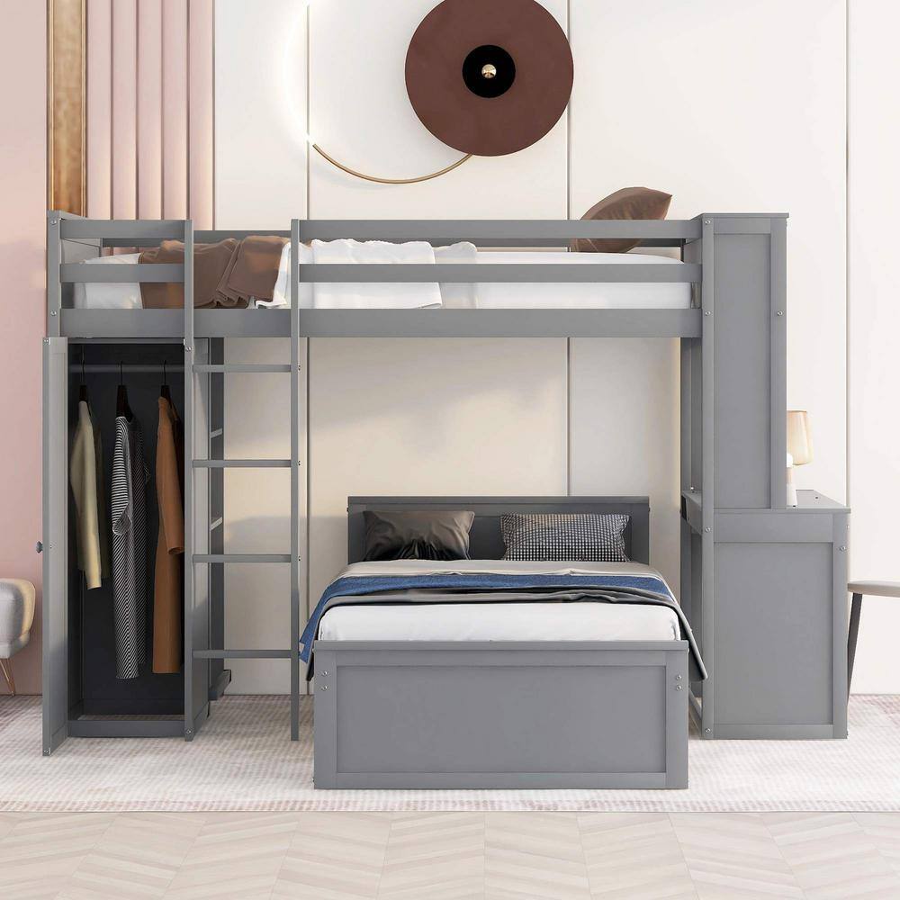Polibi Gray Twin Size Loft Bed with a Stand-Alone Bed, Shelves, Desk and Wardrobe RS-894444AAE ...