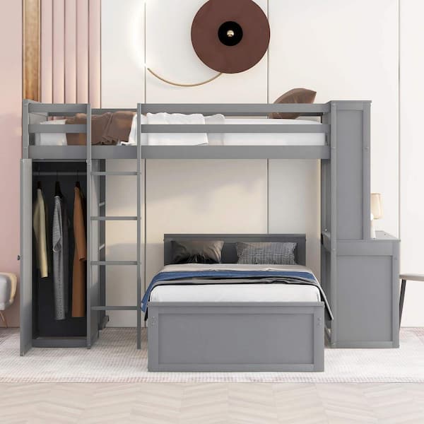 Polibi Gray Twin Size Loft Bed with a Stand-Alone Bed, Shelves, Desk and Wardrobe RS-894444AAE ...