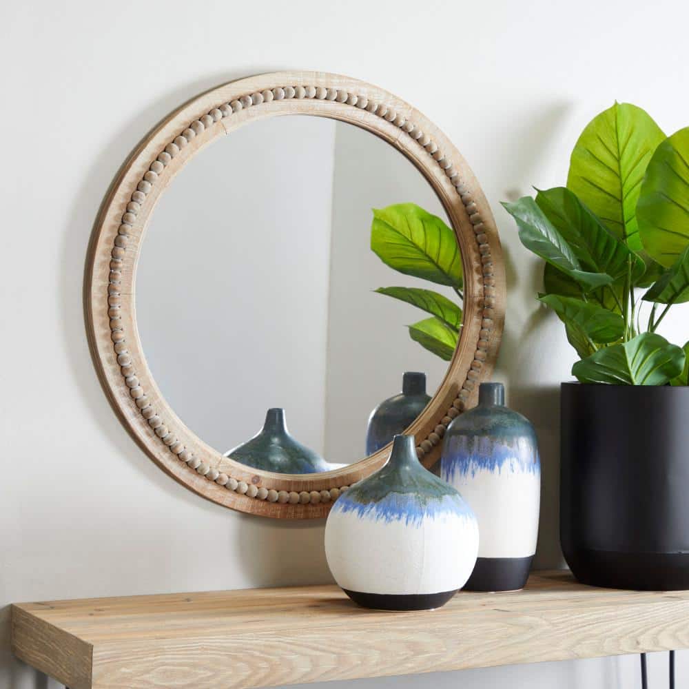 Litton Lane 28 in. x 28 in. Distressed Round Framed Brown Wall Mirror ...