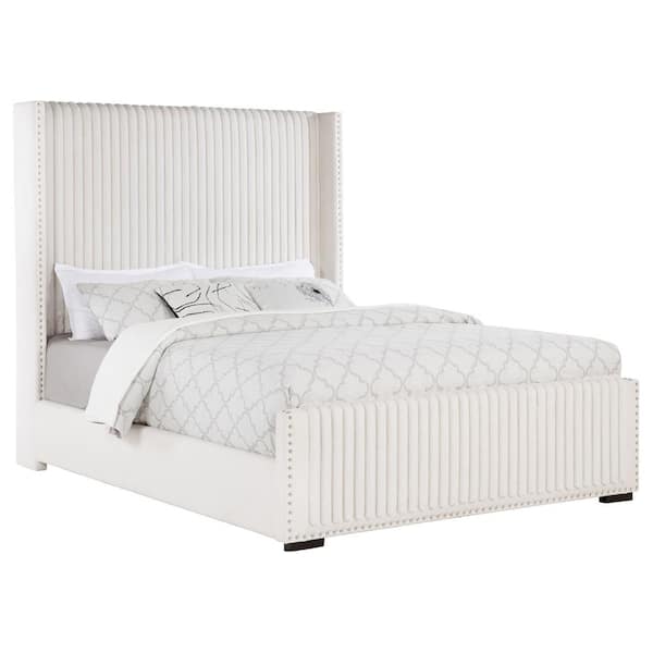 Coaster Natasha White Wood Frame Queen Panel Bed with Nailhead Trim and ...