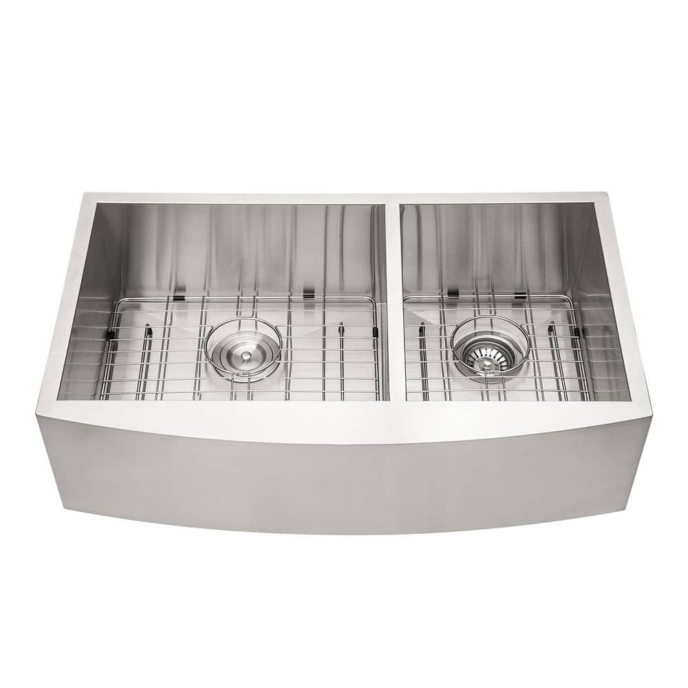 stufurhome 36 in. Farm hourse Double Bowl 16-Gauge Brushed Nickel ...