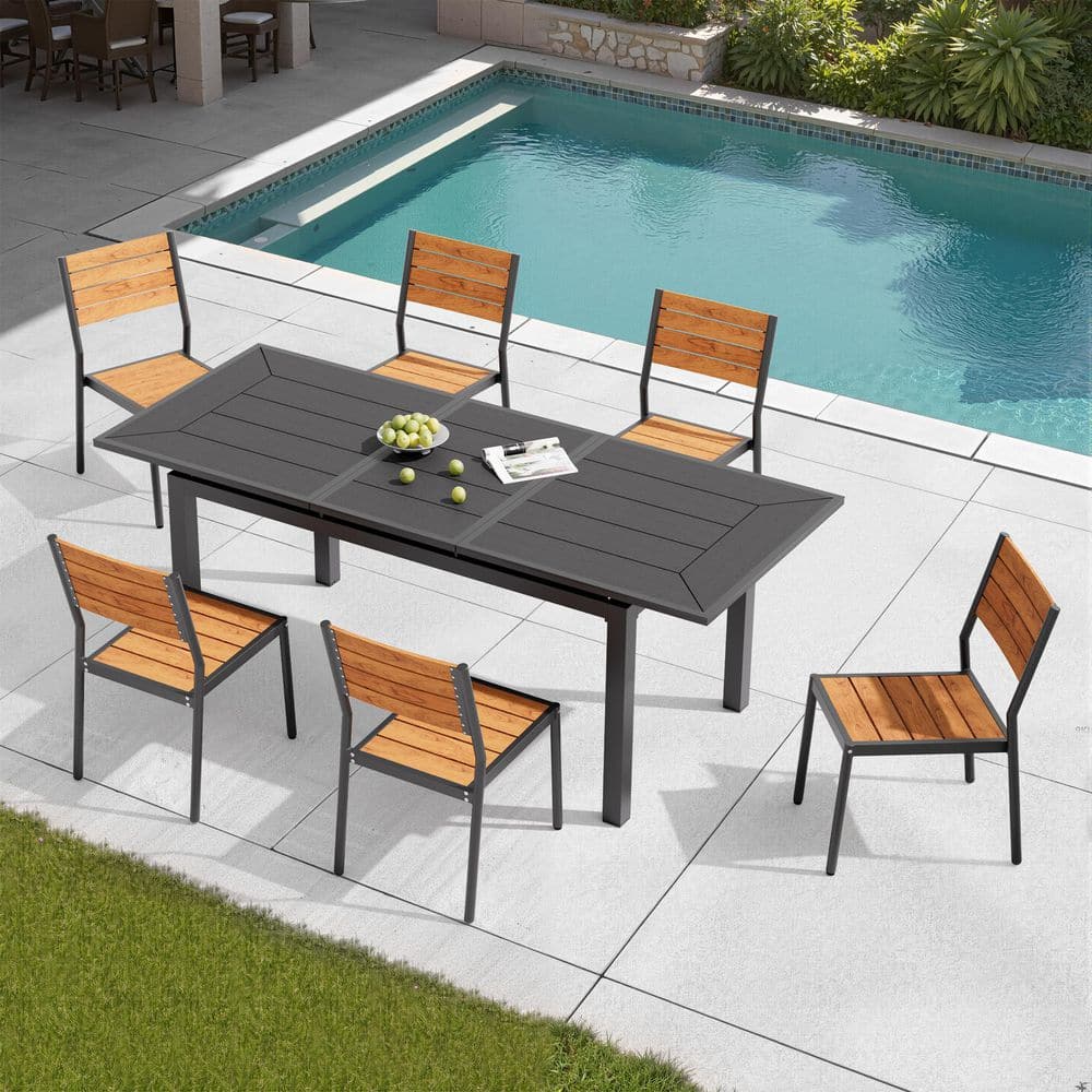 Pellebant 7-Piece Aluminum Wood-Like Rectangular Expandable Outdoor ...