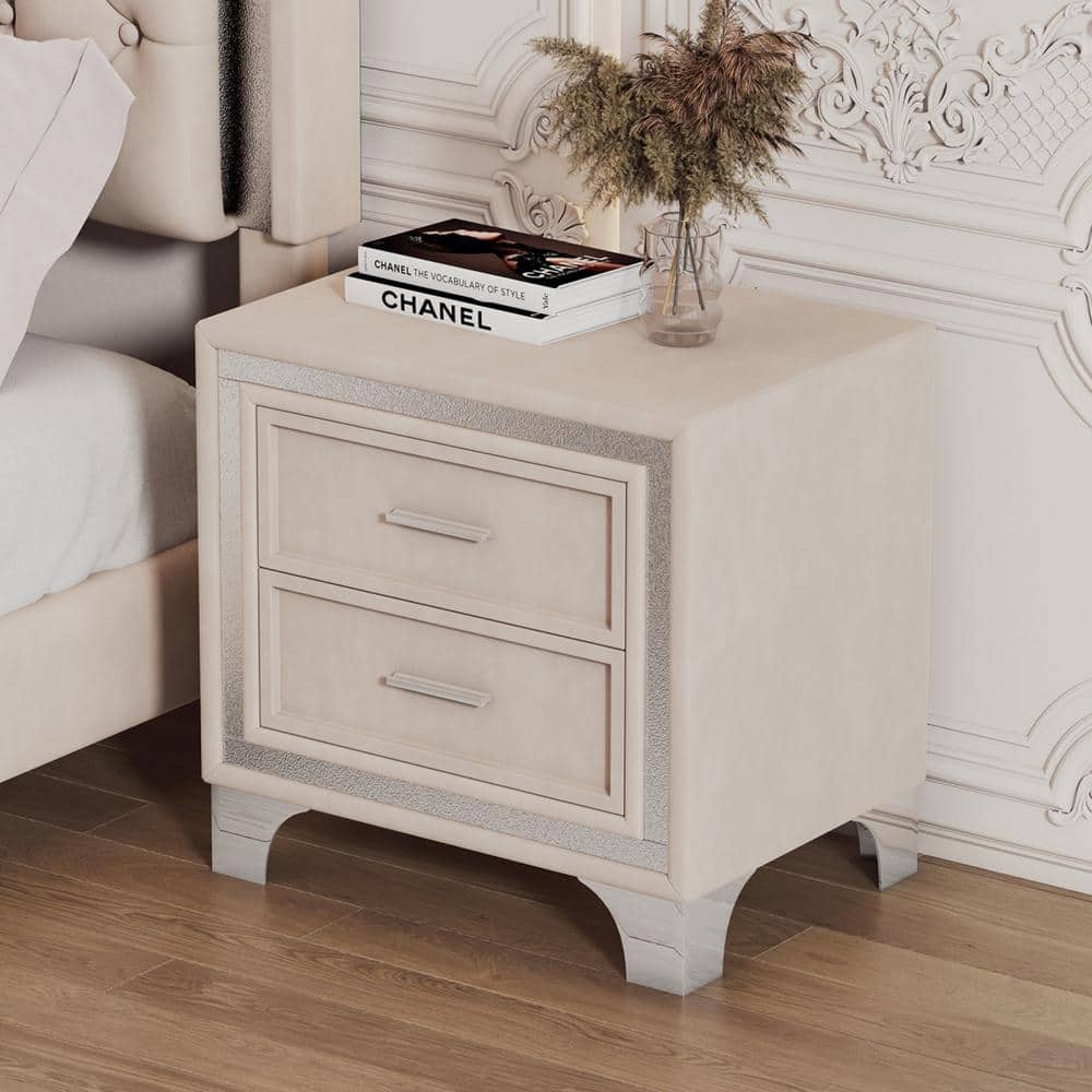 CSC DECOR INC Beige 2-Drawer 21.8 in. W Nightstand Velvet Bedside Table ...