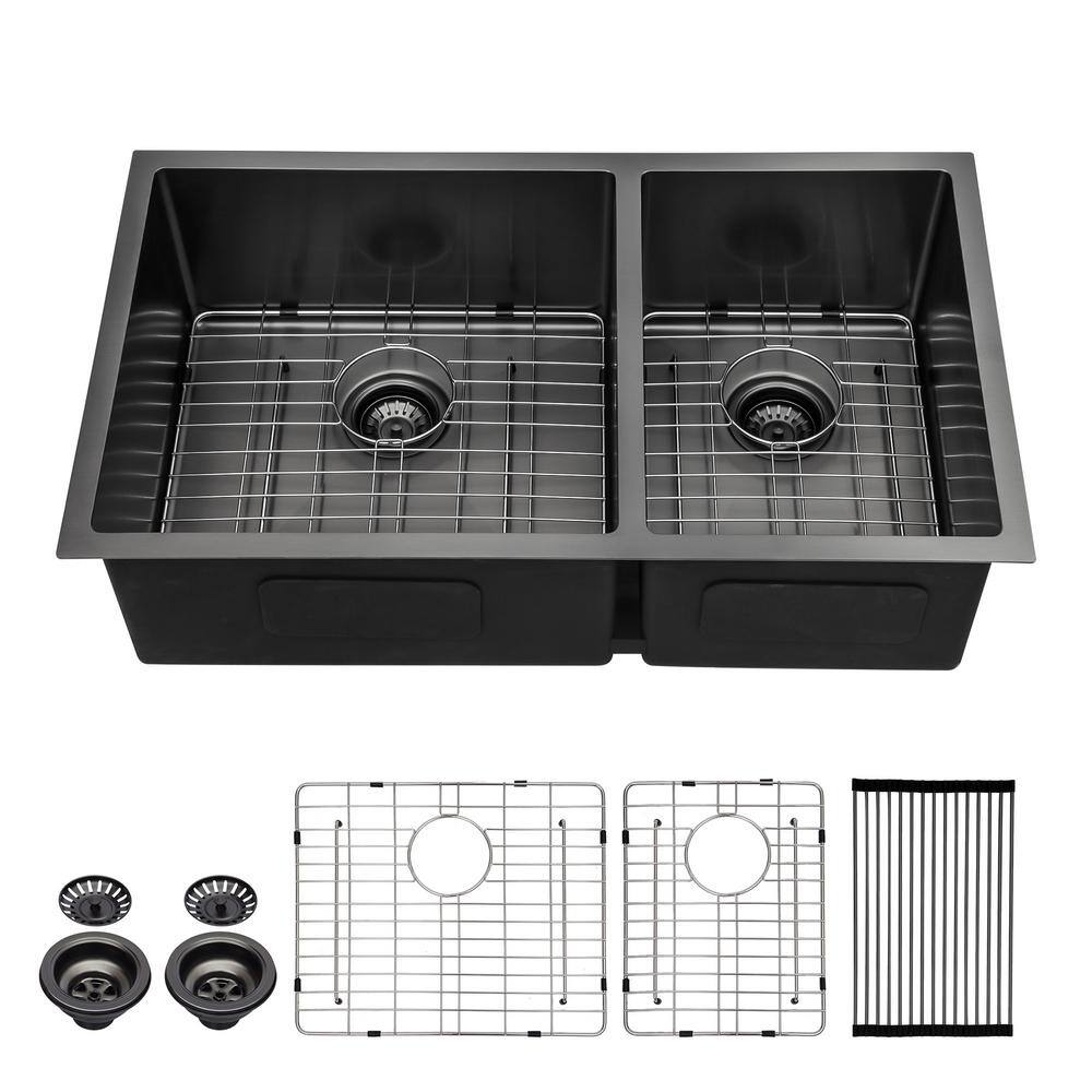 LORDEAR 33 in. Undermount Double Bowl 16-Gauge Gunmetal Black Stainless ...
