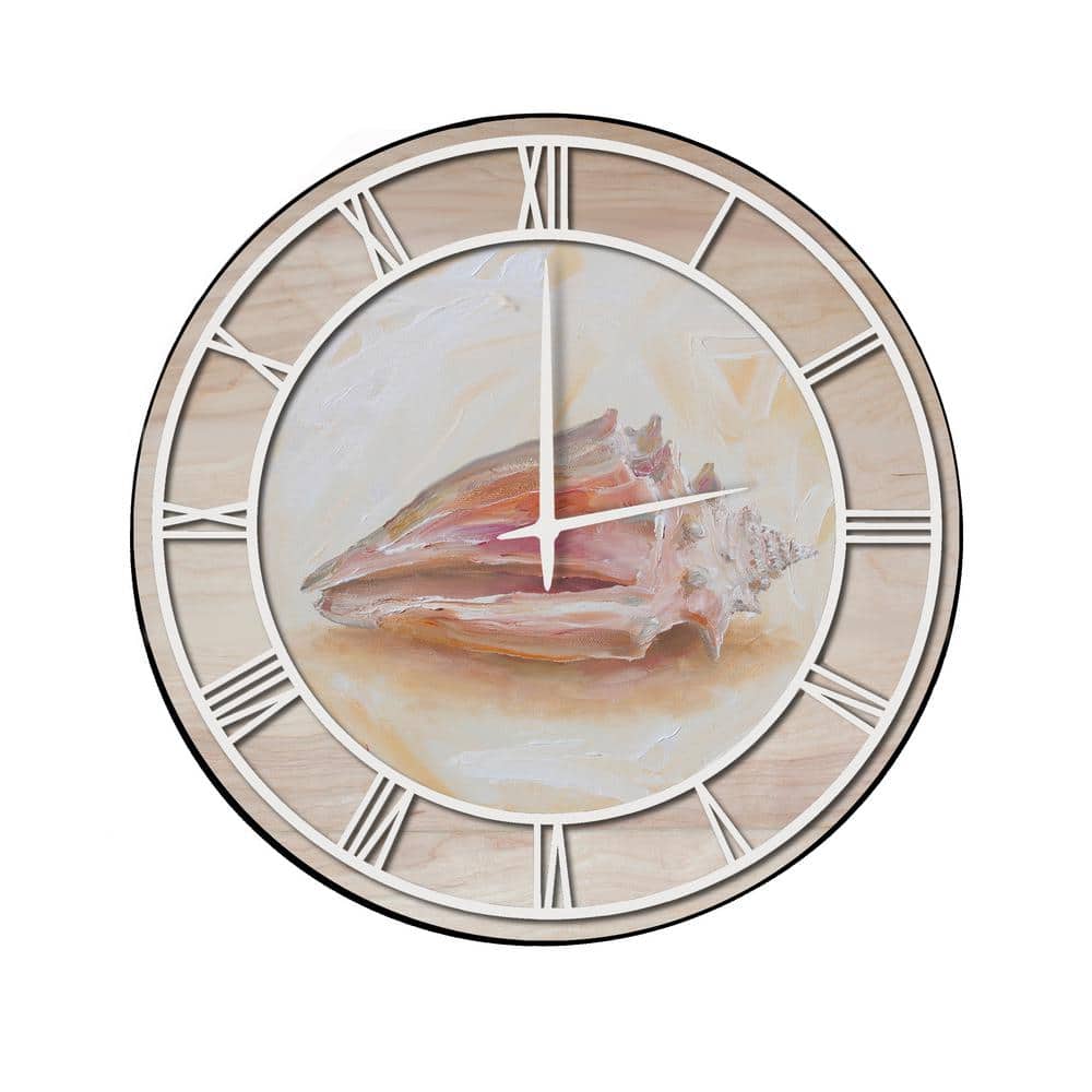 "Sea Shell #2" Woodgrain Accent and White Numbers Imaged Wall Clock CL ...