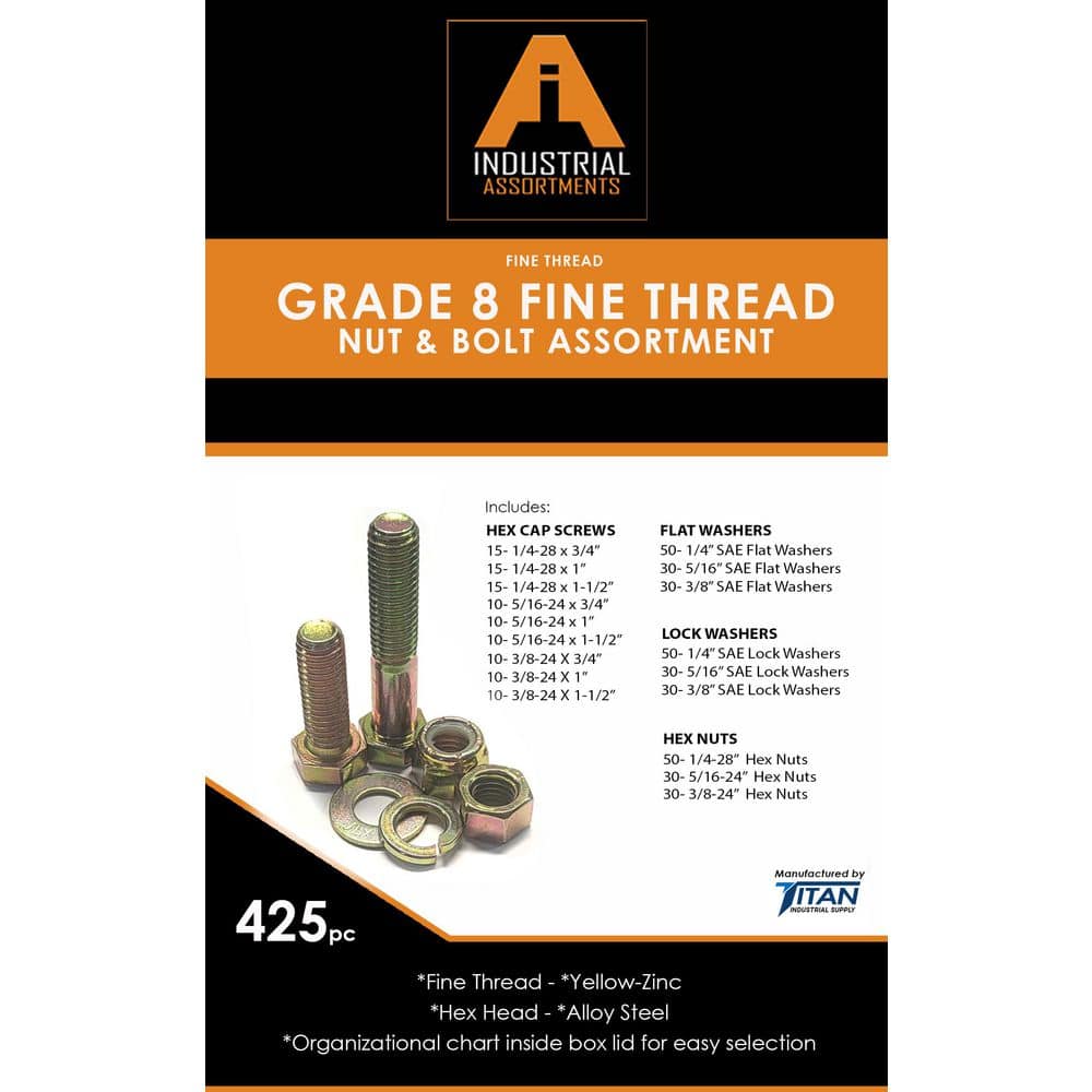 TITAN INDUSTRIAL SUPPLY 425 Piece Grade 8 Fine Thread Nut and Bolt Kit ...