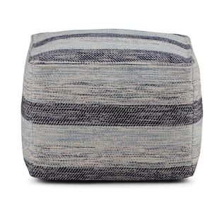 Simpli Home Noreen Boho Square Pouf in Dark Blue and White Handloom Woven Pattern AXCPF-67-DKB ...