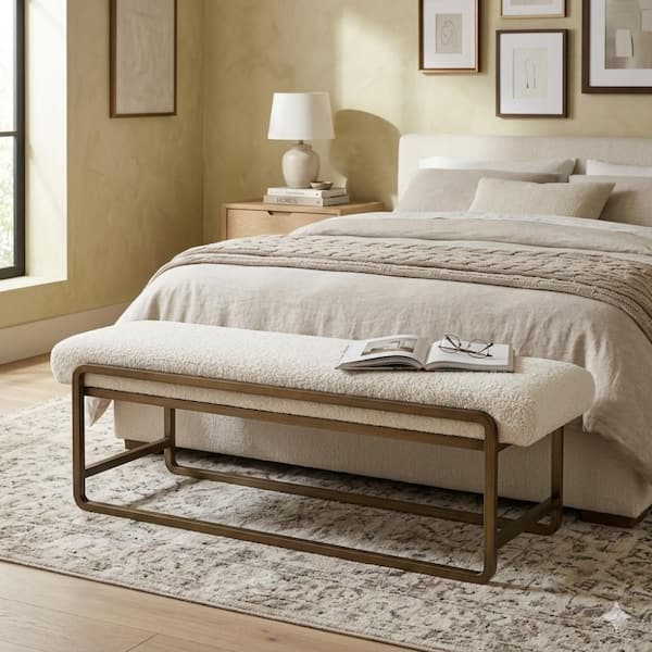 Benjara 54 in. Ivory and Bronze Backless Bedroom Bench with Padded ...