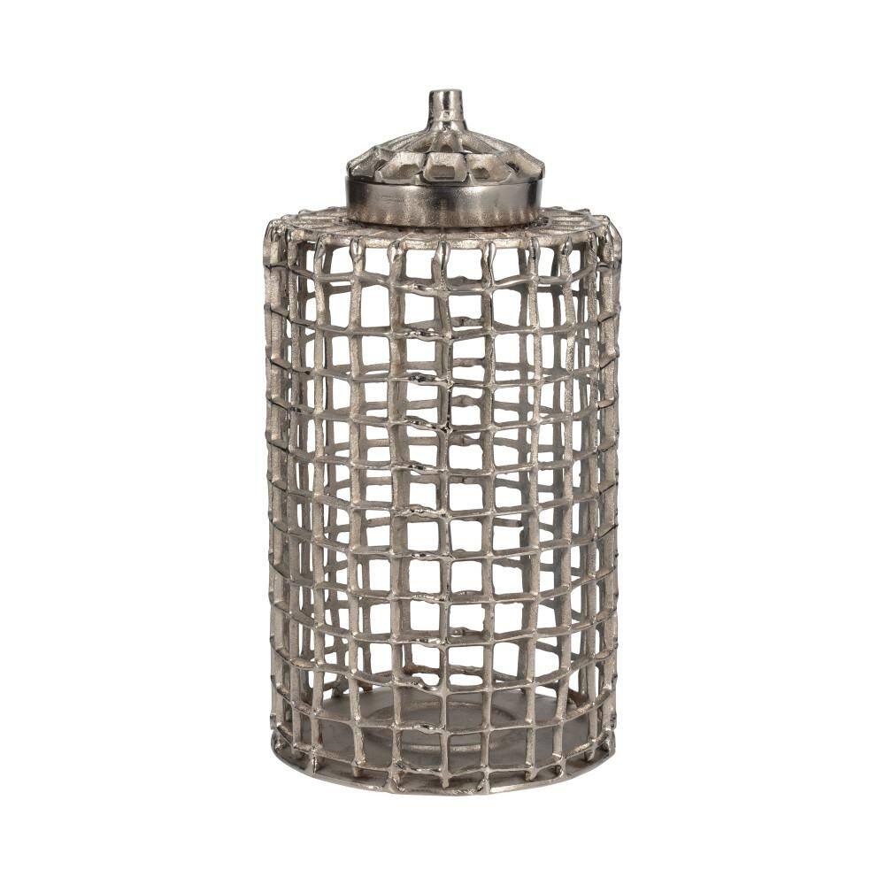 Liv & Skye 18 in. Silver Metal Cylinder Glam Grid Jar with Lid 18453-03 ...