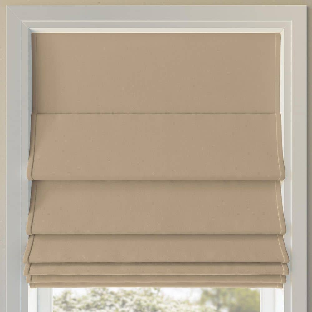 Sun Zero Morin Cordless Beige 100% Blackout Velvet Fabric Roman Shade ...