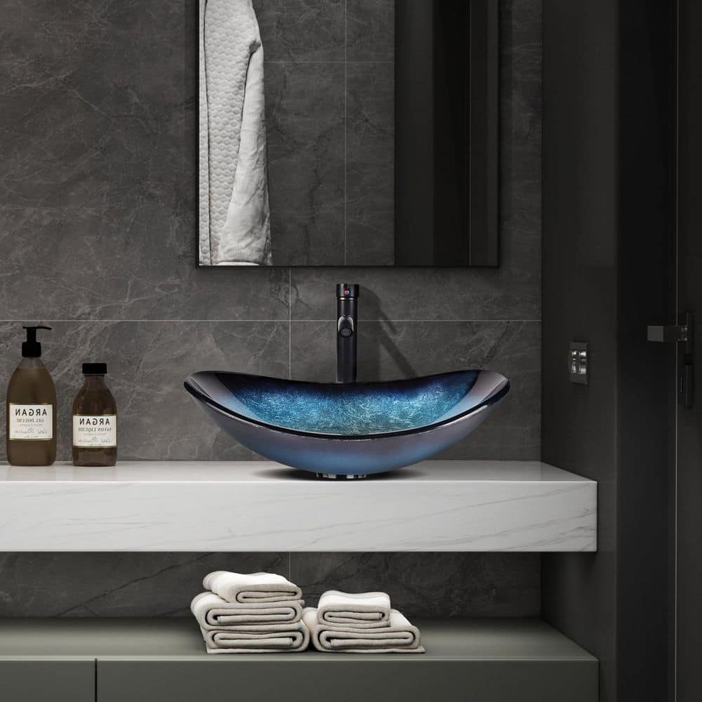 Flynama Bathroom Oval Glass Vessel Sink with Faucet in Ocean Blue LY ...