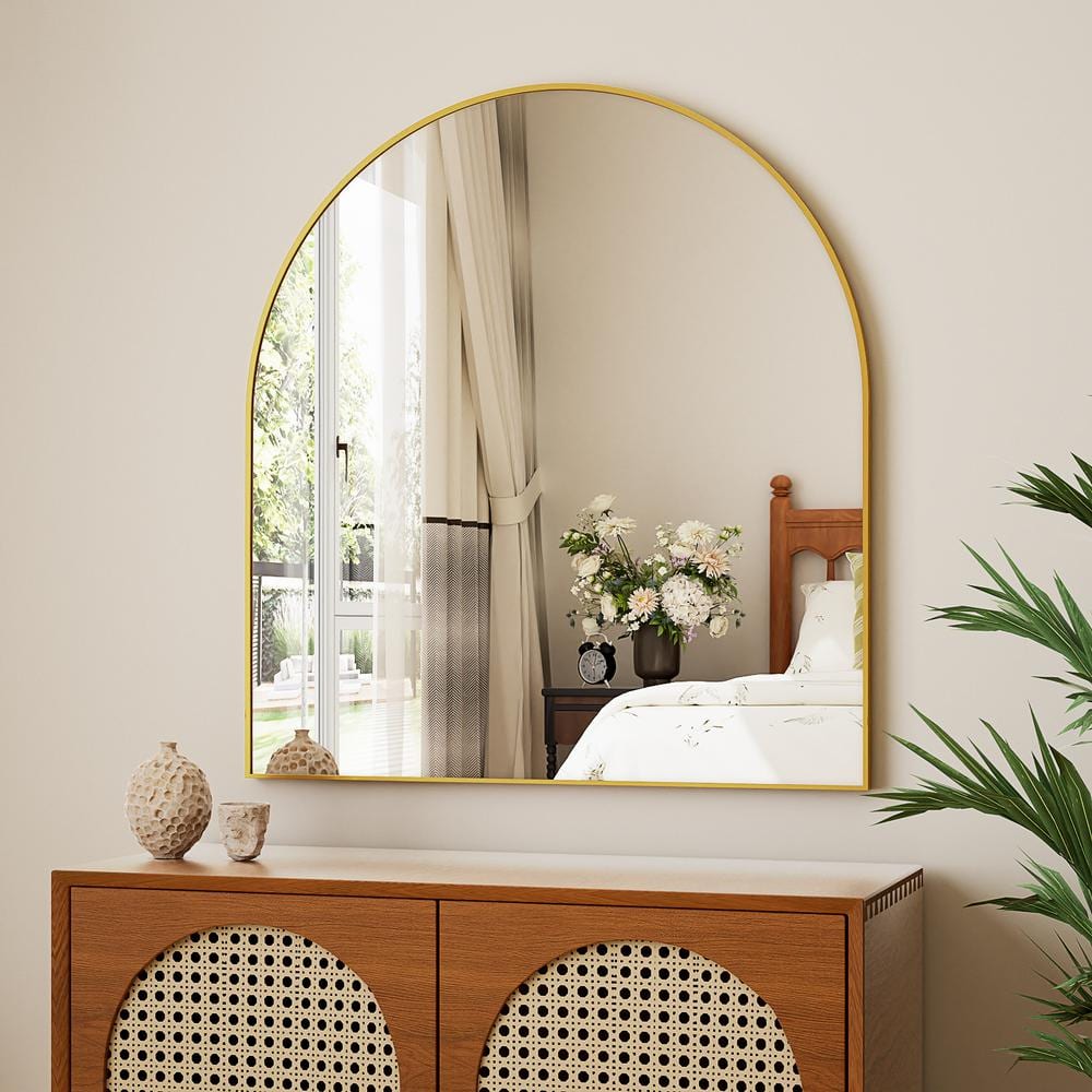 GLSLAND 32 in. W x 34 in. H Arch Metal Framed Wall Bathroom Vanity Mirror Gold A3234GAC - The ...
