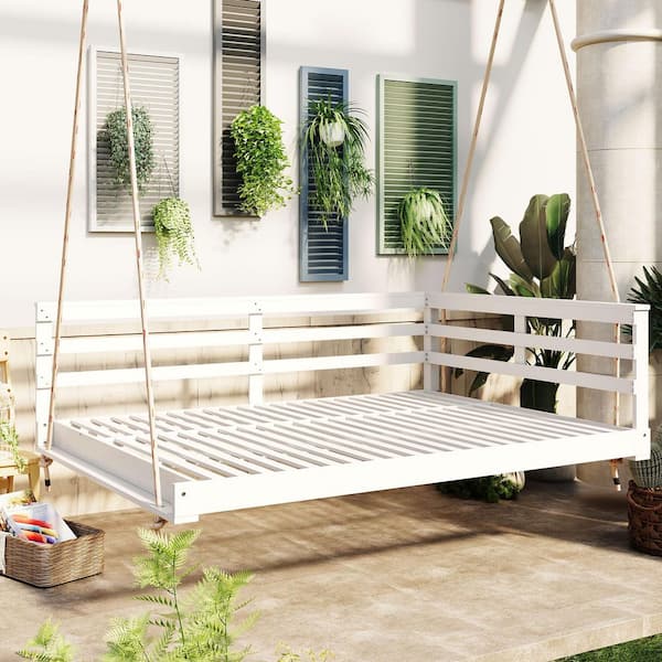 White 80 in. W 2-Person Acacia Wood Porch Swings Bed for Outdoor with ...