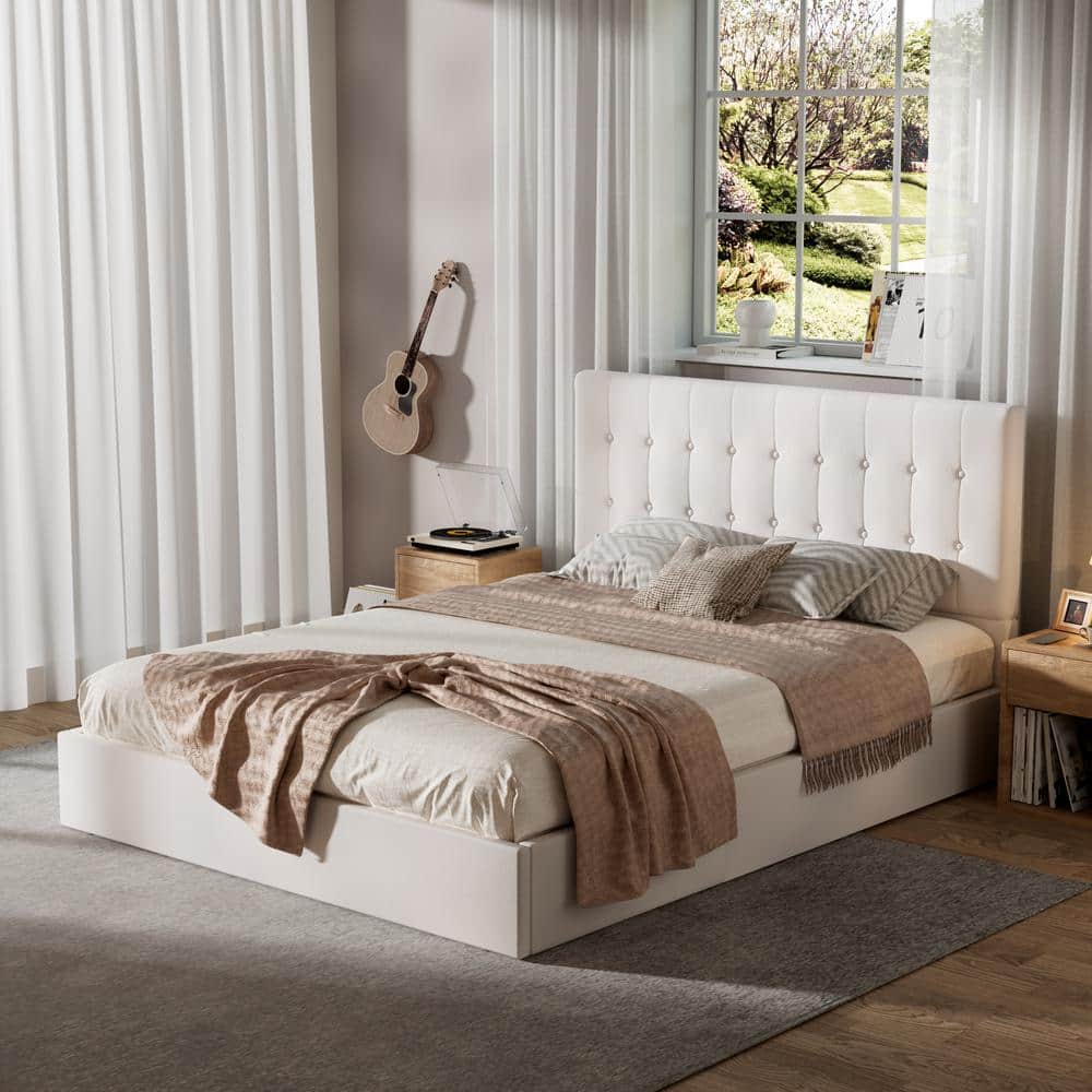 Ahokua White Frame Full Size Upholstered Platform Bed with Lift-up ...