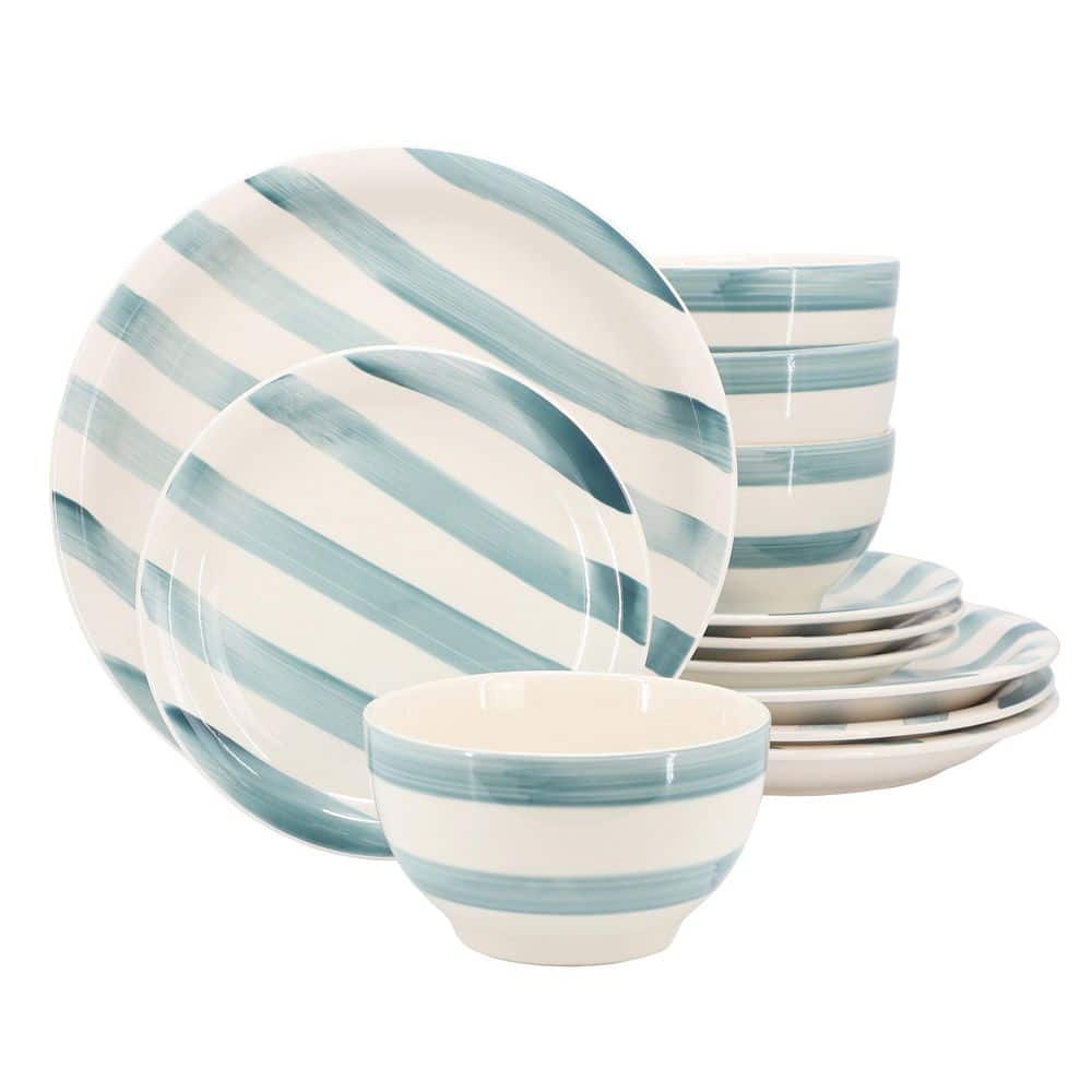 Gibson Kenwood Shores 12 Piece Stoneware Dinnerware Set in Blue Stripe ...