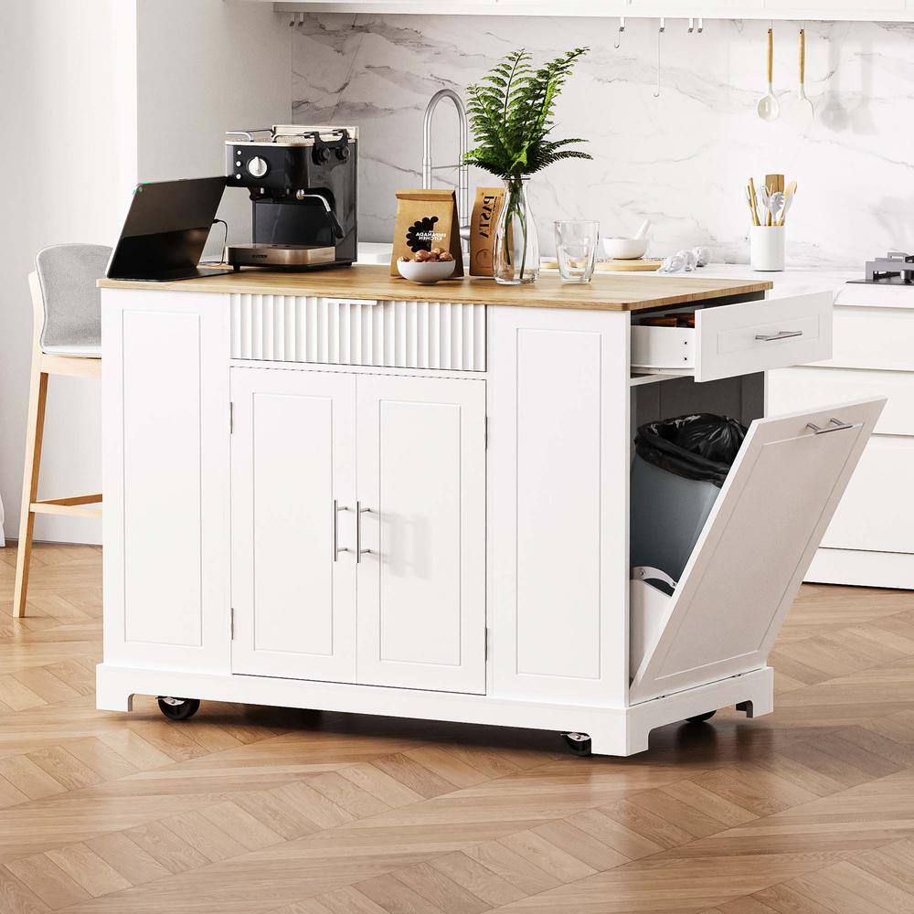 Lycvki White Wood 48.5 in. Kitchen Island on Wheels with Drawer, 3 Open ...