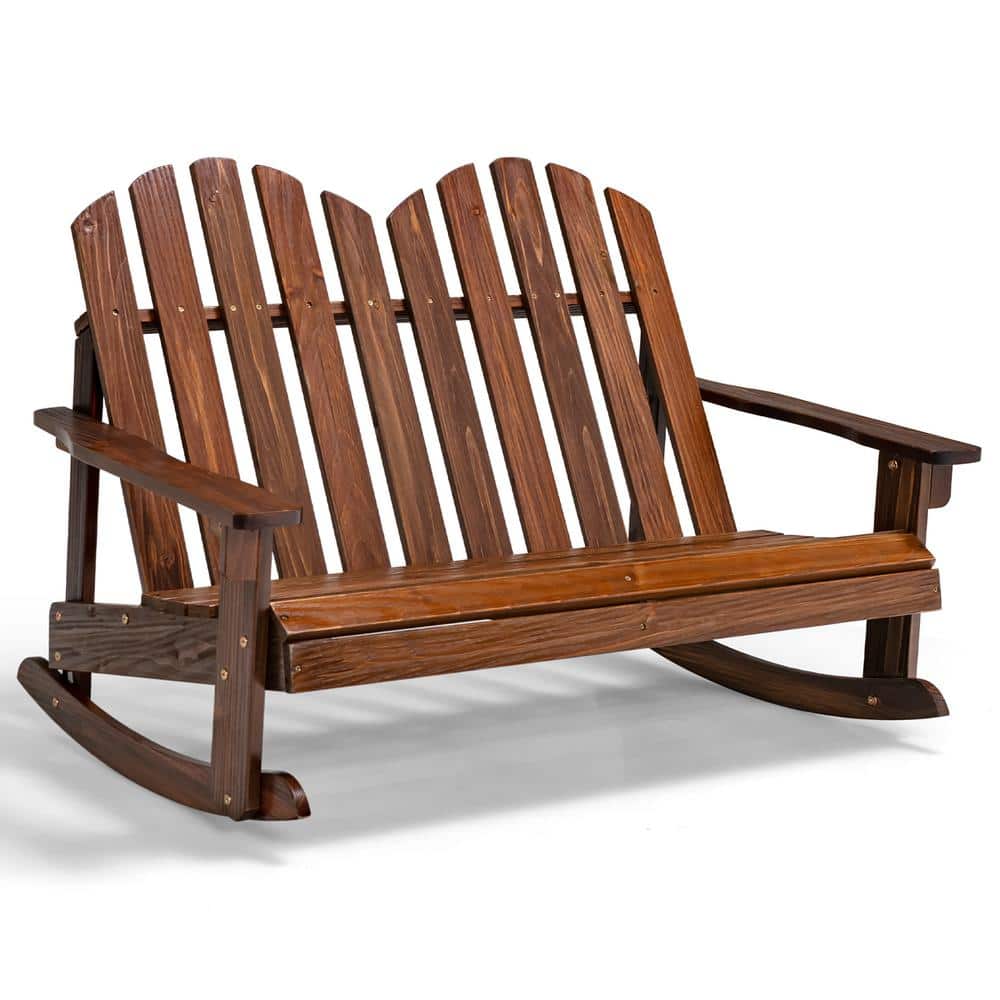 Costway Coffee Solid Wood 2-Person Kid Adirondack Outdoor Rocking Chair ...