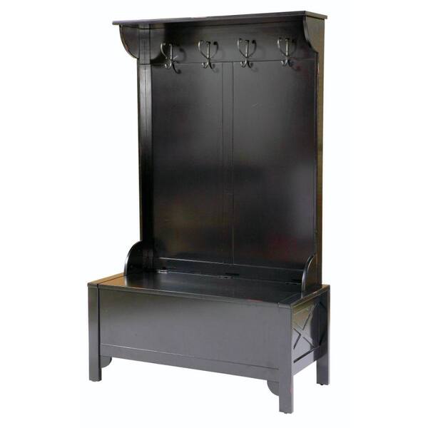 Benjara 64 in. H Black Wooden Hall Tree with Spring Loaded Lid and Four ...