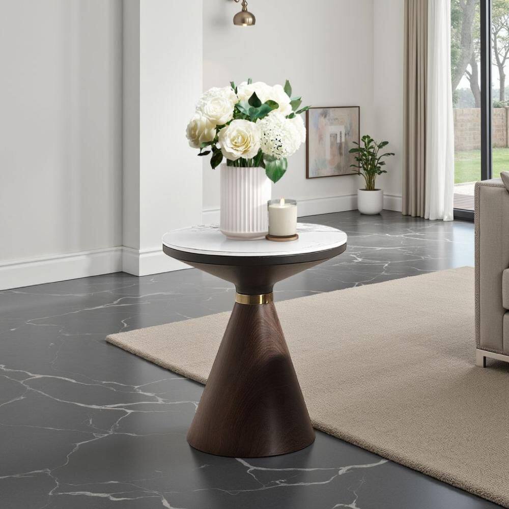 Benjara Ryea 20 in. White Round Stone End Table with Conical Base ...