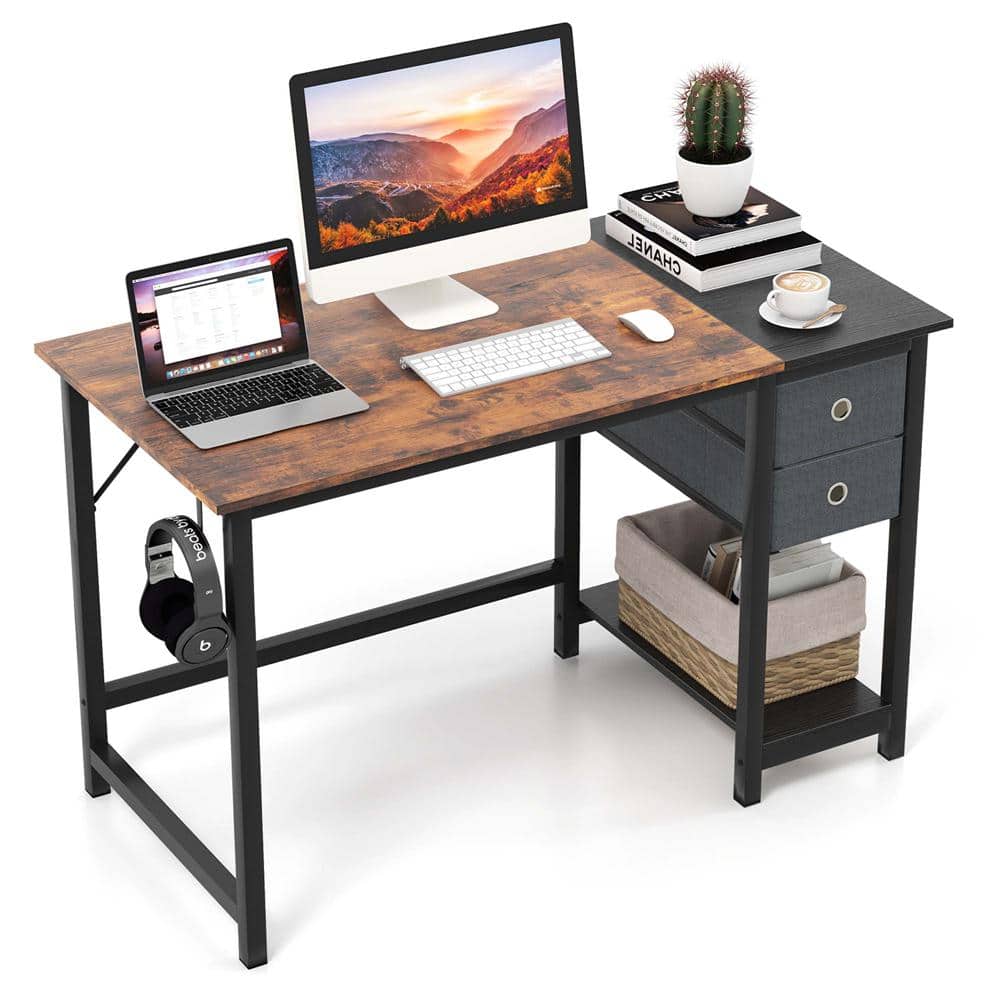 Costway 48 in. Rectangular Rustic Brown Wood 2-Drawer Desk with Storage ...