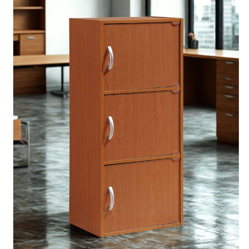 L'Baiet 35.6 in. Tall Cherry Wood 3-Shelf Bookcase with 3-Doors ...