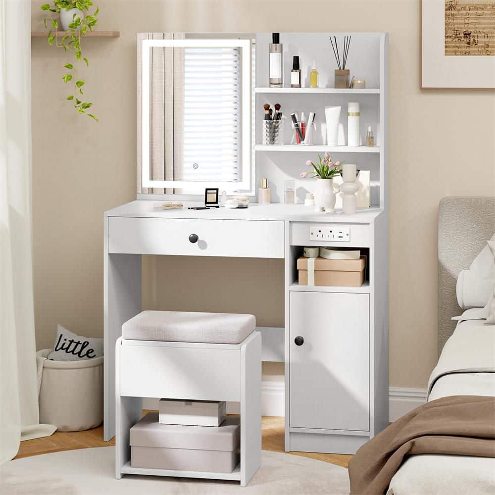 HONEY JOY White Makeup Vanity Set w/ Mirror and Lights Makeup Dressing ...