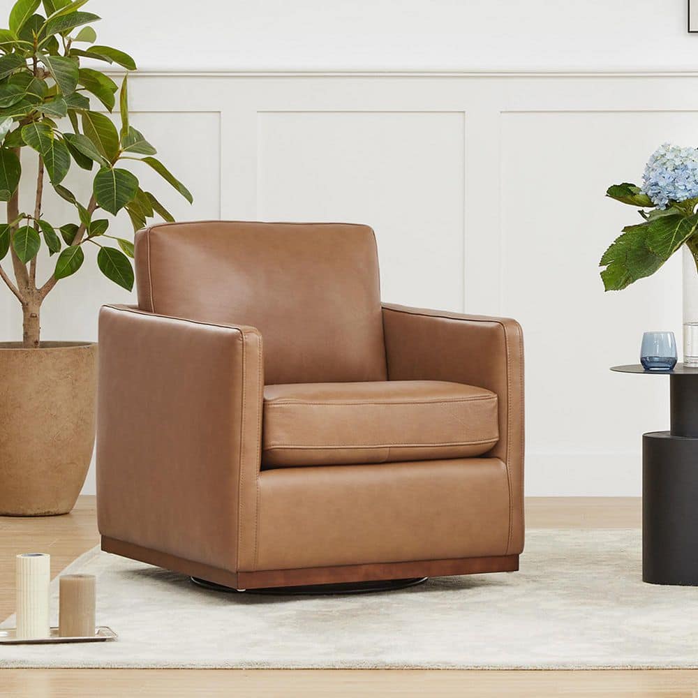 Spruce & Spring Kyle Saddle Top Grain Leather Swivel Mid Century Accent ...