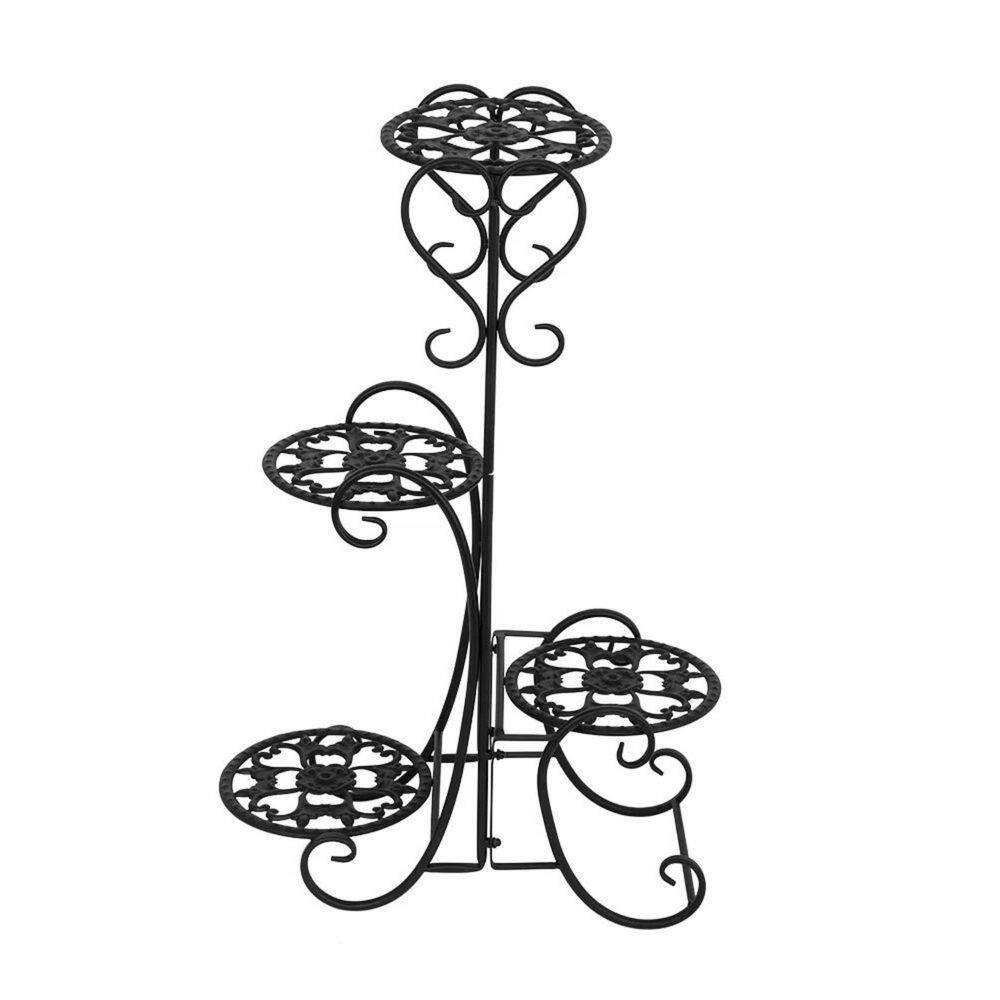 ESILOO Classic 4-Tier Black Powder-Coated Iron Round Scrollwork Plant ...
