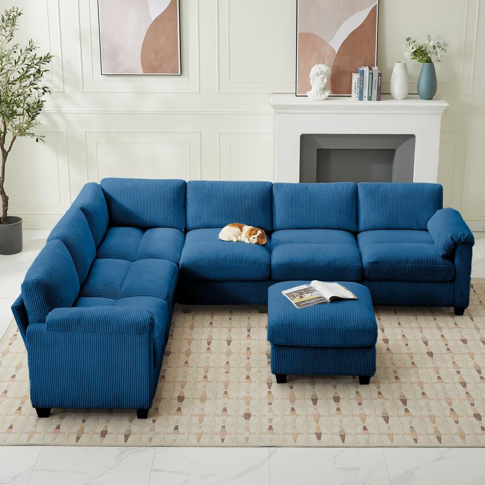 JEAREY 115 in. Corduroy Modular L-Shaped Navy 7-Seat Sectional Sofa for ...