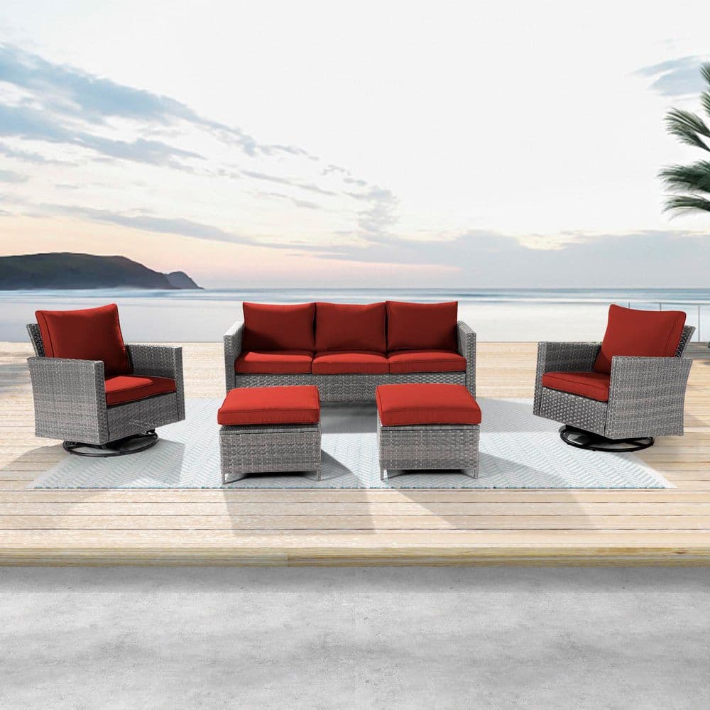SANLUCE 5-Set Outdoor Grey PE Wicker Furniture Conversation Couch Set ...