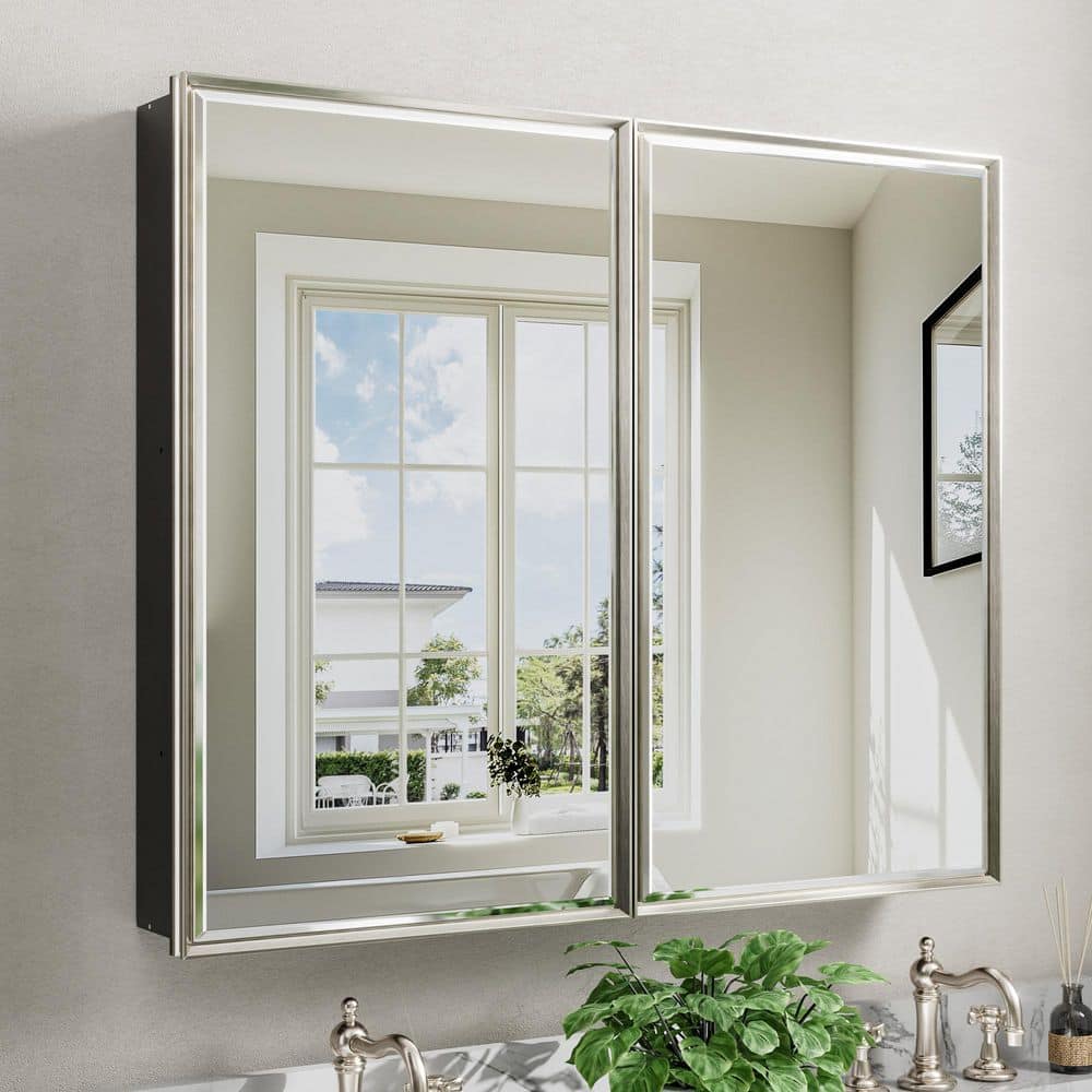 QueenFun Musey 40 in W x 30 in H Brush Nickel Rectangular Aluminum ...