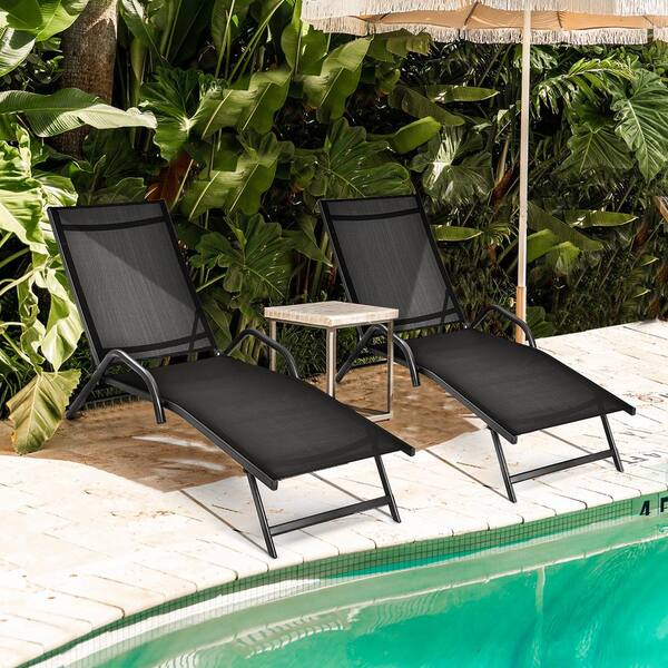2 Pieces Outdoor Chaise Lounge with 5 Position Adjustable Backrest Black Costway