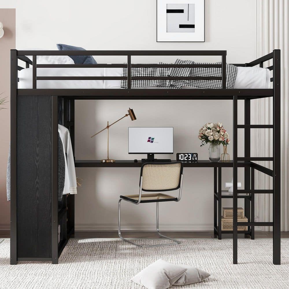 URTR Black Full Loft Bed with Desk and Storage Shelves, Heavy Duty Loft ...