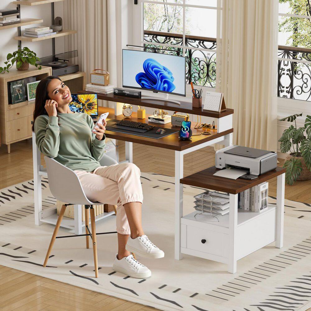 PAKASEPT 61.2 in. White Farmhouse Office Desk with Drawer and Power ...