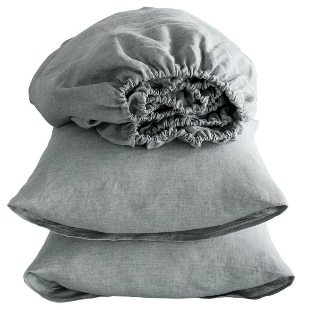 HomeRoots 4-Piece Blue Solid Color Linen Queen Sheet Set 2000520720 ...