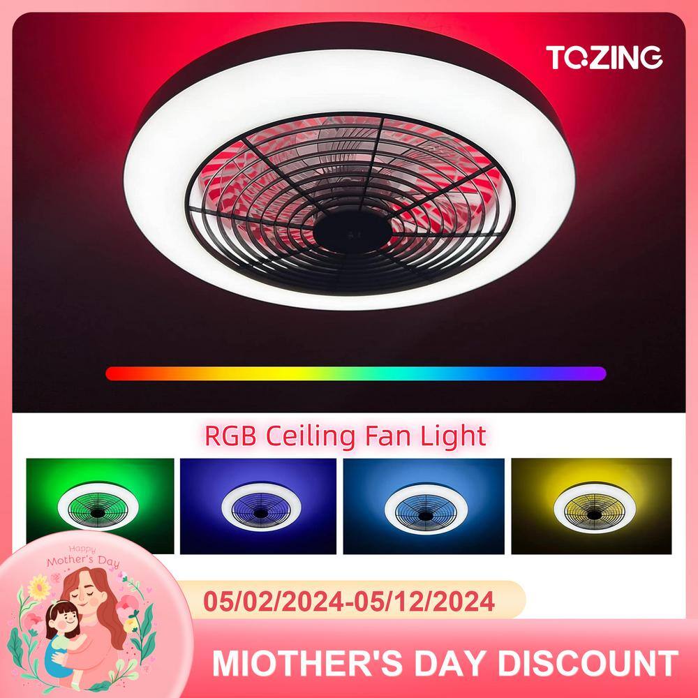 TOZING 20 in. LED Indoor Black Low Profile RGB Flush Mount Ceiling Fan ...