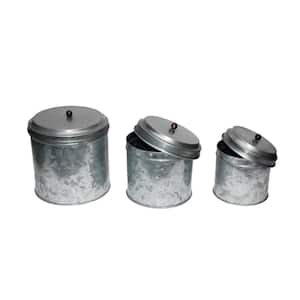 Benzara 3- Piece Galvanized Metal Lidded Gray Canister with Ribbed ...