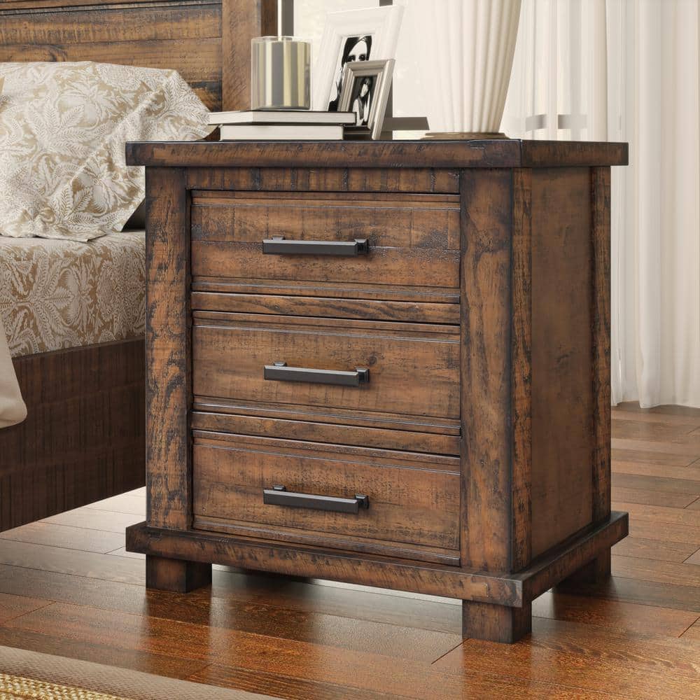 Polibi Rustic 3 Drawer Reclaimed Solid Wood Framhouse Nightstand 24 in. W x 17 in. D x 25.6 in. H RS R3DRWN The Home Depot