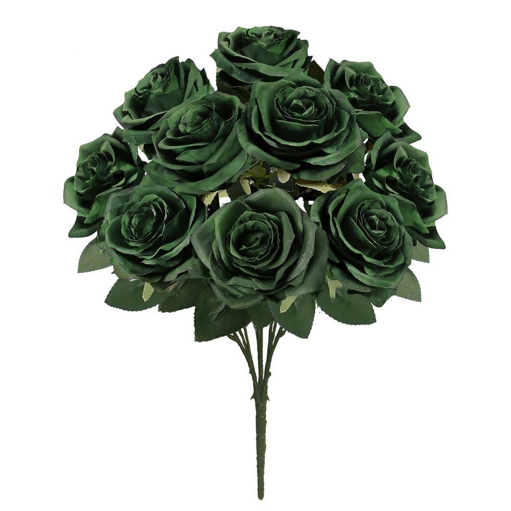 LIVING LUXURY 18 in. Deluxe Hunter Green Artificial Queen Rose Flower ...
