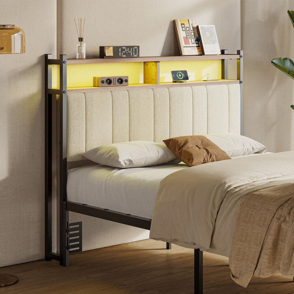 PINMOCO Beige Full Linen Upholstered Storage Headboard LED Headboard ...