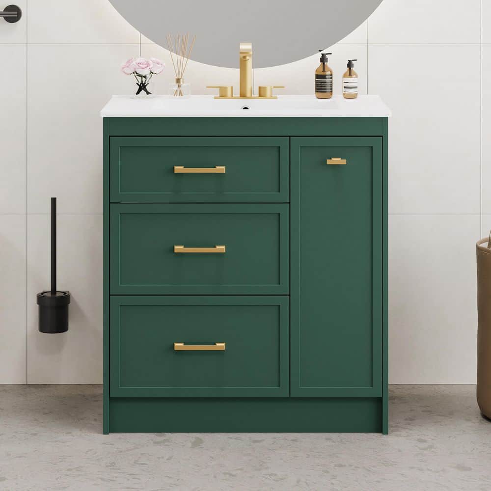 Ziyudura 30 in. Single Sink Freestanding Green Bath Vanity with White ...
