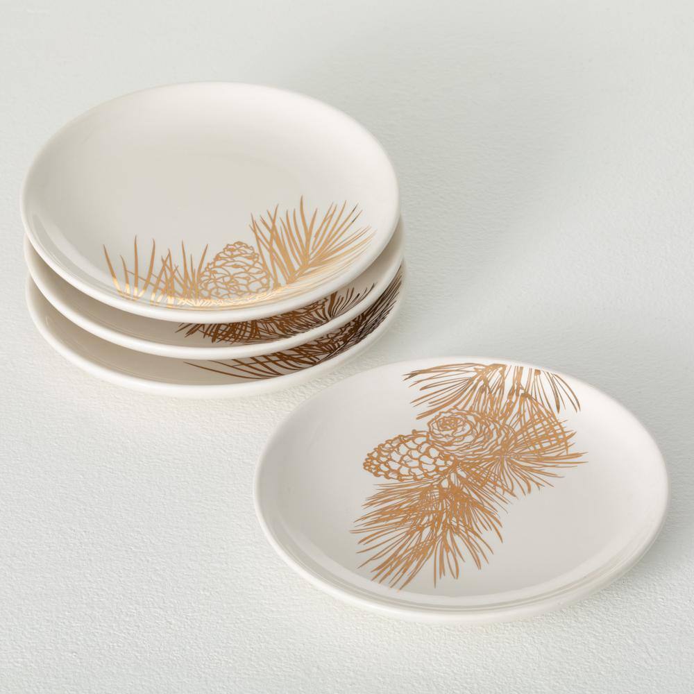 SULLIVANS 8 in. Gold Pine Snack Plate - Set of 4; White PN3833 - The ...