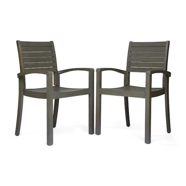 Set of 2 Grey Acacia Wood Stacking Outdoor Dining Chairs for Patio and Small Spaces ...