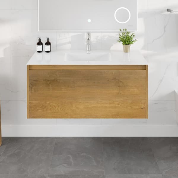 Eviva Madeira 48 in. Single Sink Floating Oak Bath Vanity with White ...